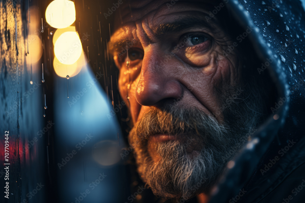 Side View of Close-up Old Middle-Aged Man Looking at the Camera with a ...