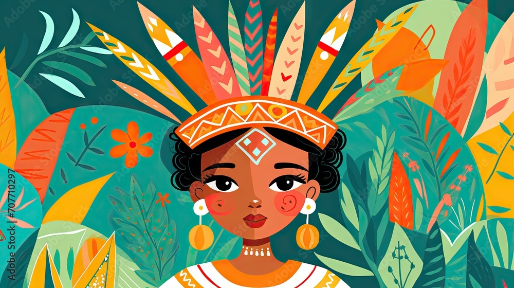 Colorful digital art illustration of a smiling indigenous tribal girl ...