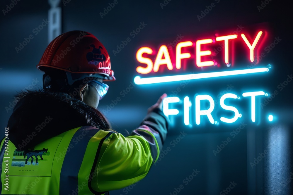 Construction Worker and Safety First Neon Message. Worker in a hard hat ...