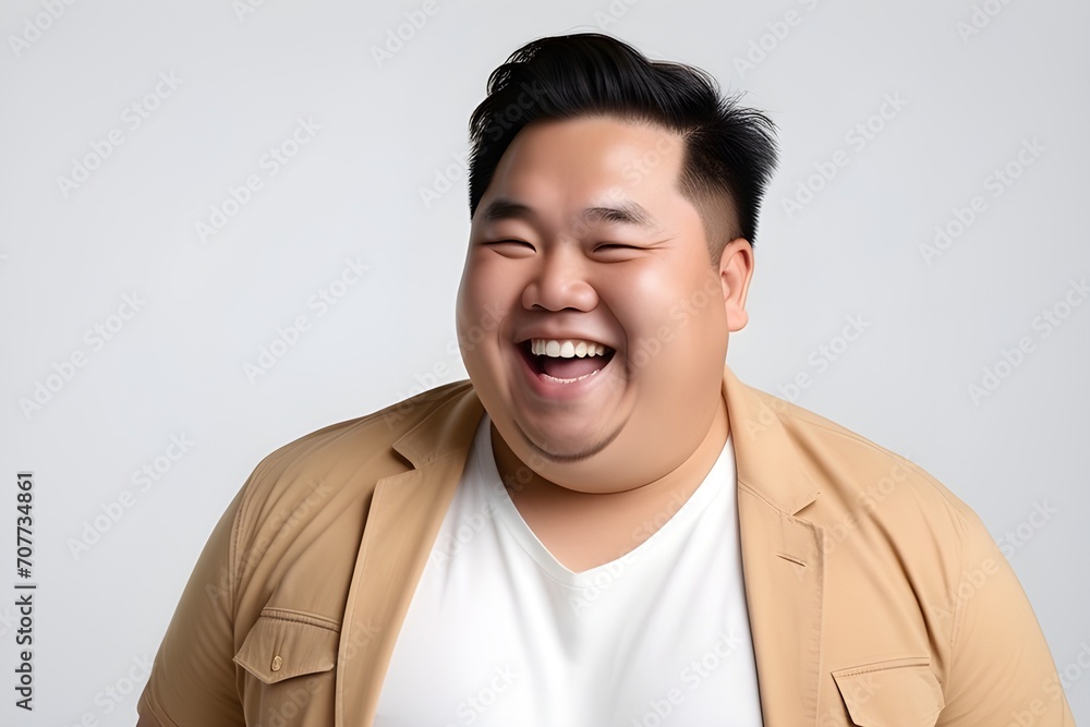 Portrait of a laughing fat asian male against white background ...