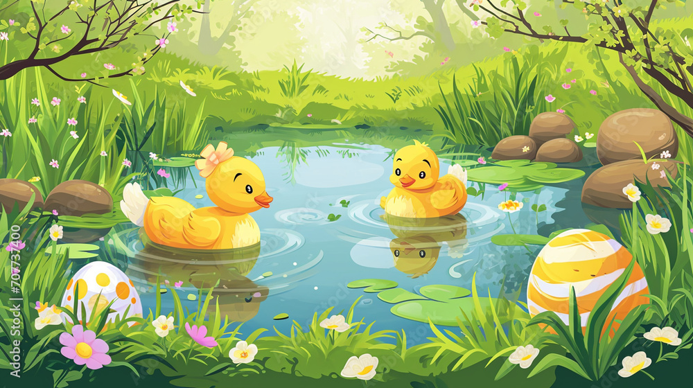 Easter Reflection Pond: Serene vector stickers featuring a pond with ...