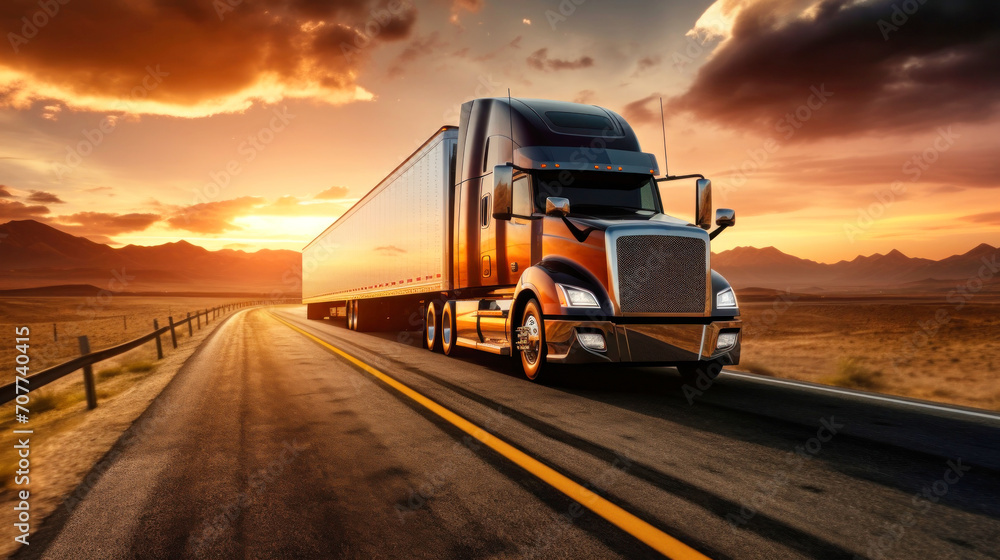 Truck on the highway at sunset. The sun drops below the horizon ...