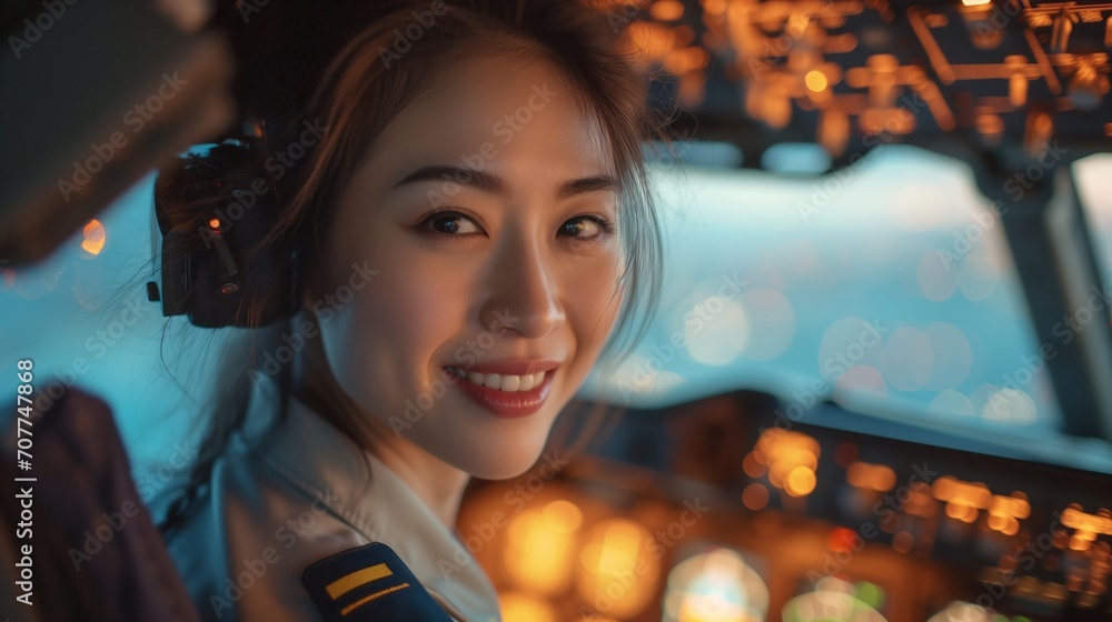 An Asian female pilot's serene smile lights up the cockpit, highlighted ...