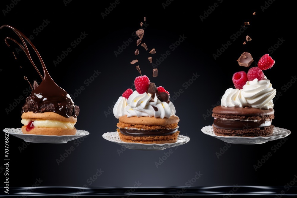 cake with candles. Flying chocolate cakes or cookies on pink background ...