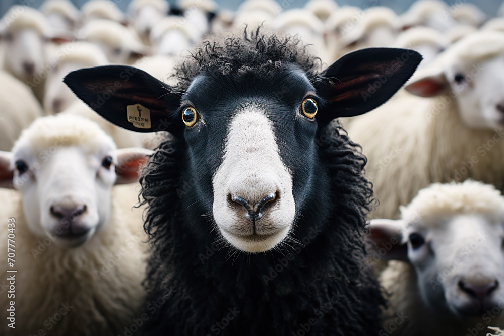 Primer plano de oveja negra entre un rebaño de ovejas blancas. Concepto ...
