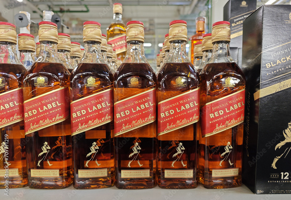 Johnnie Walker Scotch Red Label Whiskey bottles on store shelf in ...