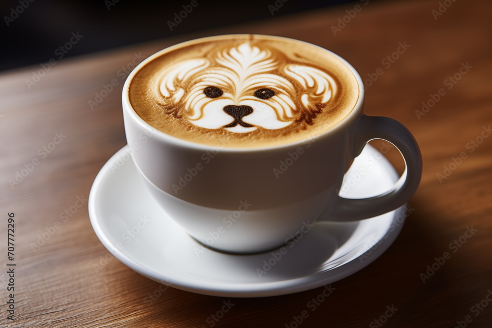 Top view of latte with dog latte art foam, cappuccino art, wood table ...