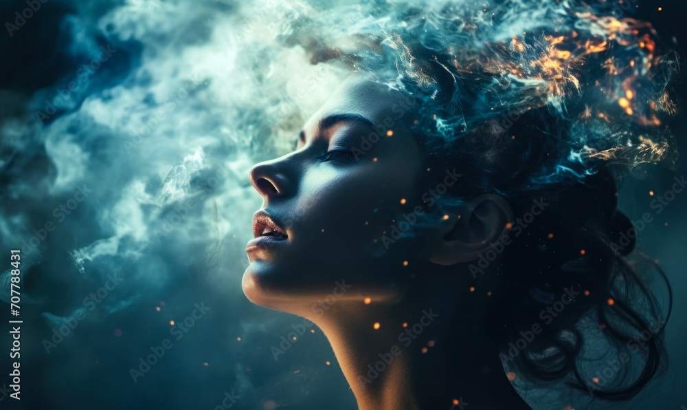 Surreal portrait of a woman disintegrating into particles, symbolizing ...