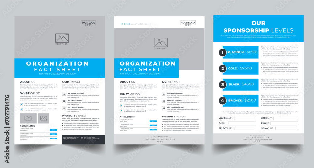Nonprofit Organization Fact Sheet layout design template with 3 style ...