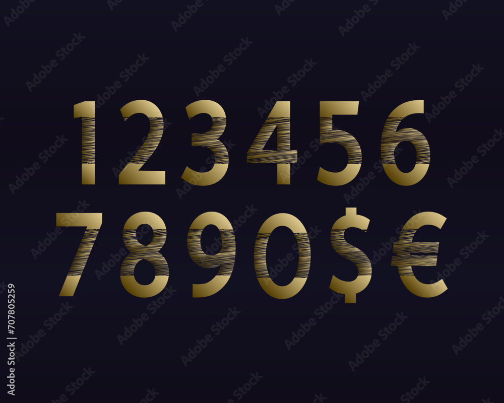 Golden numbers and currency signs with scratches in the middle ...