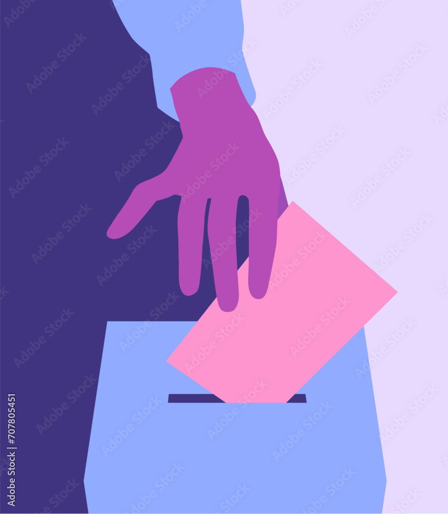 Hand putting voting paper in the ballot box. Minimalist and flat style ...