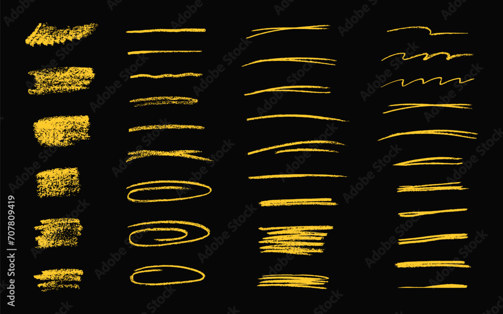 Chalk strokes. Set of yellow hand drawn strokes different forms on ...