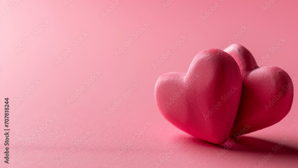 Red heart on pink background. One heart-shaped object is located to the ...