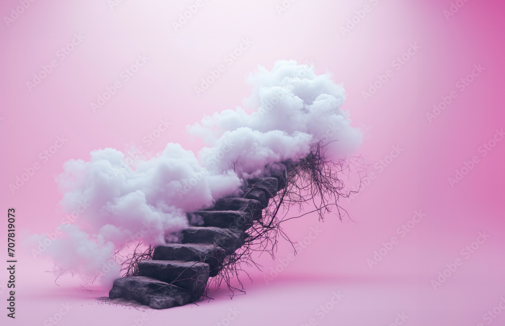 Black stairs with roots and thorns leading to the clouds. Life path ...
