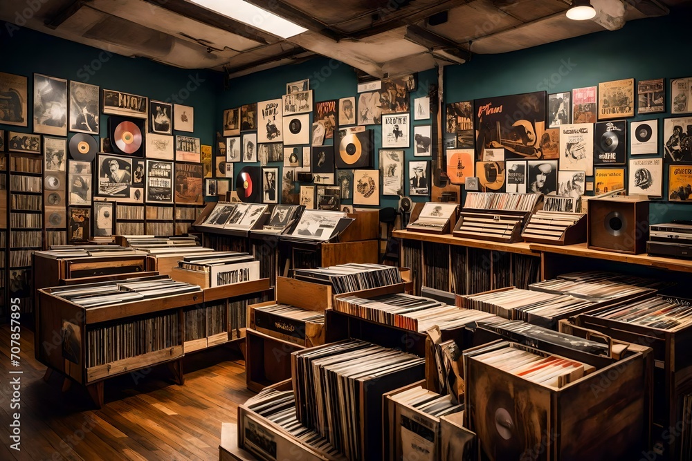 A vintage record store with vinyl records neatly displayed in wooden ...