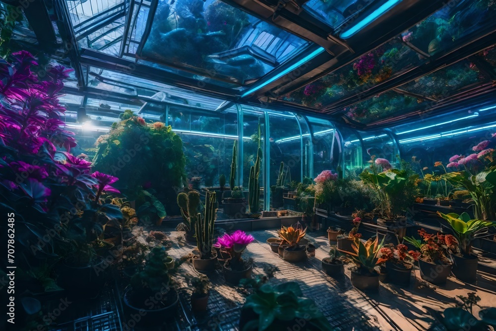 A high-tech greenhouse on another planet, filled with alien plants of ...