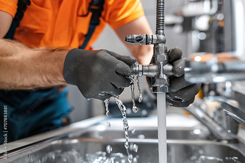 Plumbing work concept. A plumbing technician uses a wrench to repair a ...