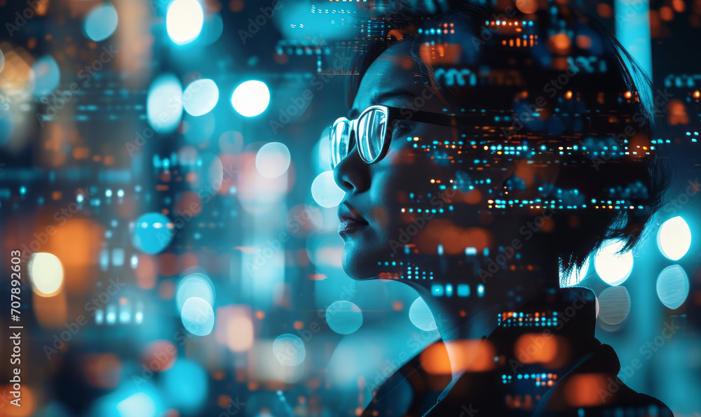 The technology innovator persona with a glitch effect on a holographic ...