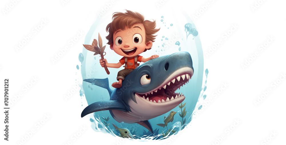 3D character portraits a child riding monster, Children Riding Sharks ...