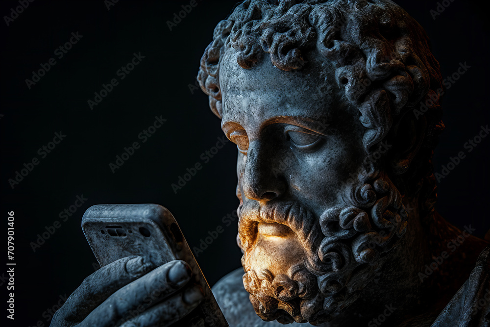 Beautiful ancient Greek god sculpture using a modern phone. with phone ...