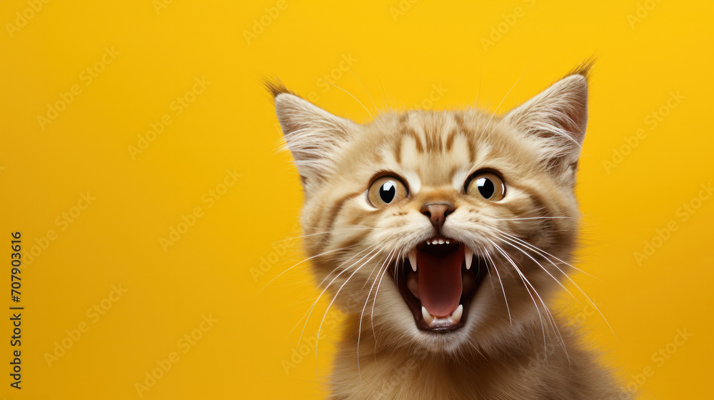 Mad screaming cat on a yellow background, red cat with open mouth ...
