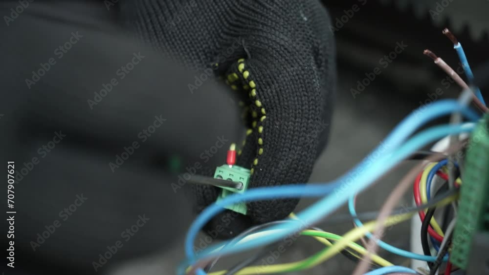 Electrician installs wiring using Connectors for connecting wires in ...