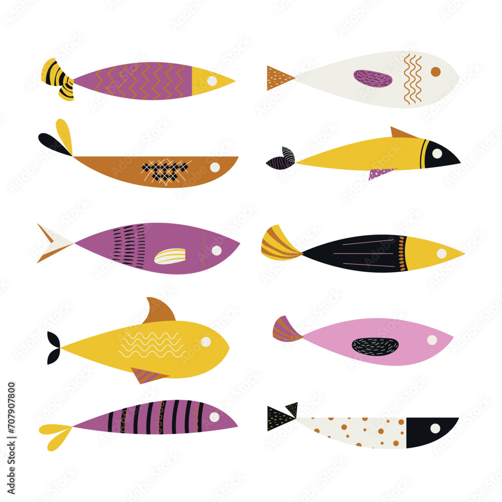 set of cute little colored fish for design items for children isolated ...