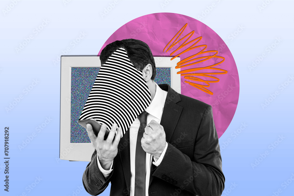 Photo collage standing business man worker browsing phone get ...