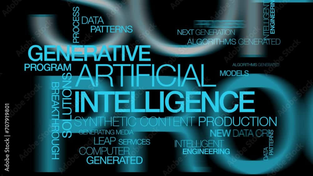 Generative artificial intelligence AI words tag cloud text blue black background technology GAI ...