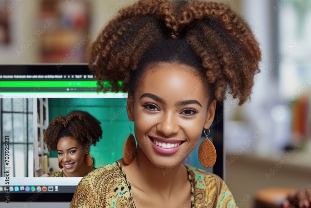Smiling young woman with intricate coiffed hair in front of a computer ...