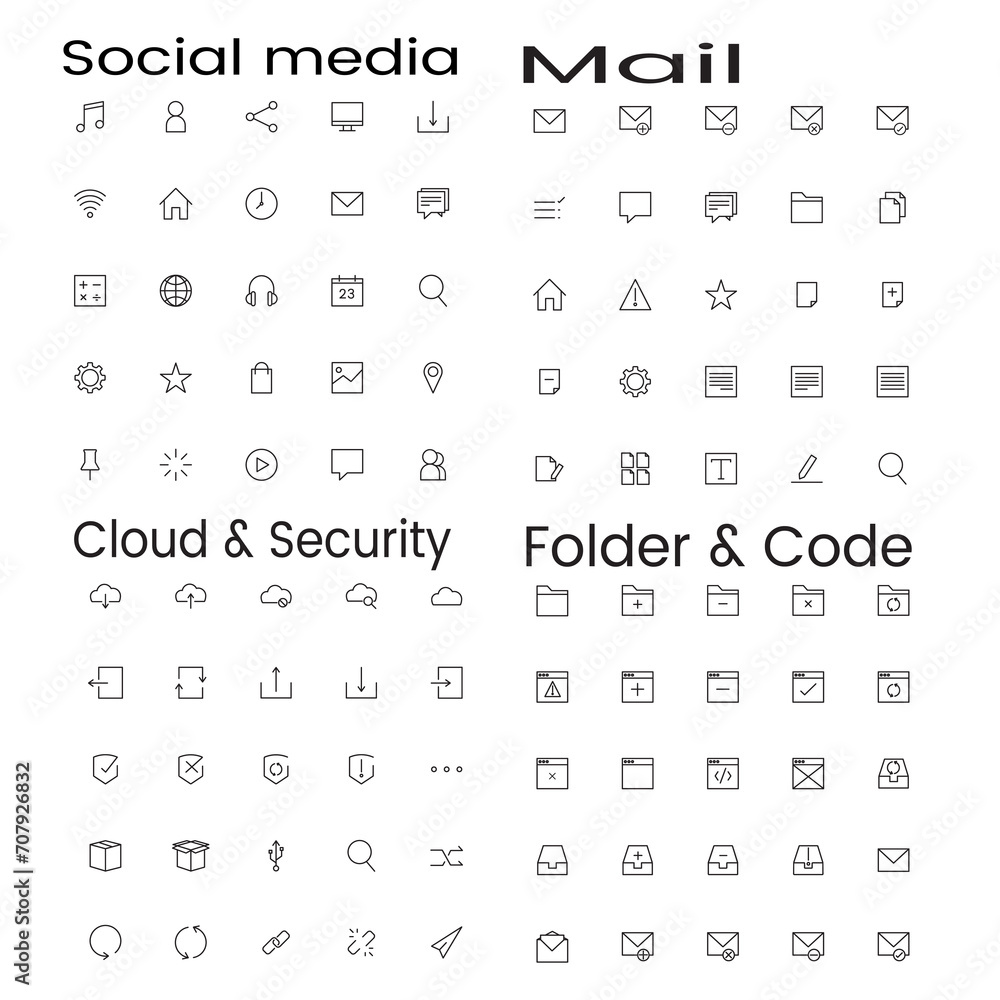 Social media and computer icon set. Mail, Clound and security, folder ...