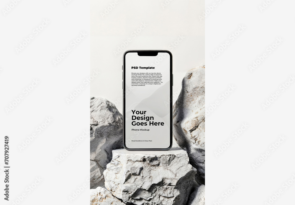 Phone Mockup Template Screen on Pile Of Rocks with White Background and ...