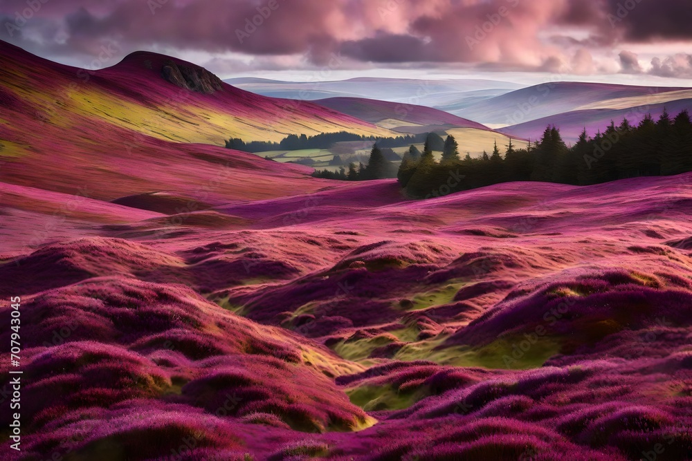 In the early morning light, the Scottish Highlands come alive with the vibrant purples of ...