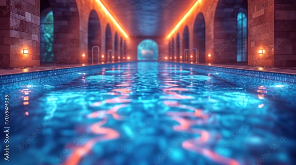 a large indoor swimming pool with blue water and lights on either side ...
