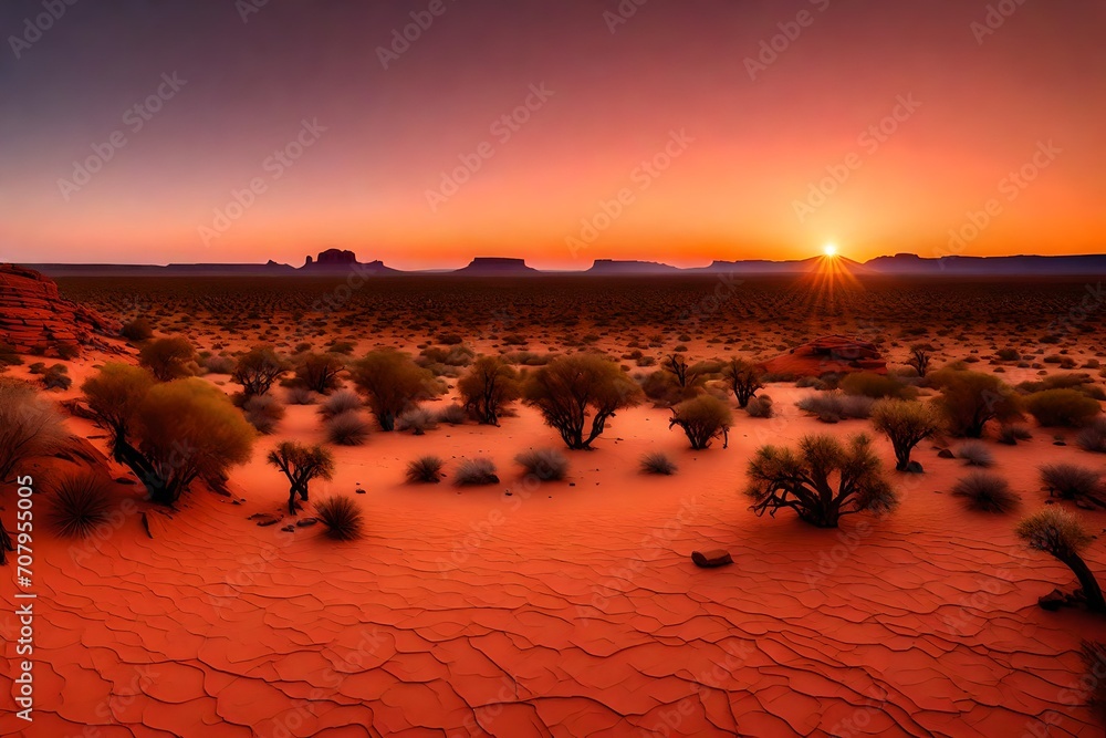 The rugged beauty of the Australian Outback at dawn, with a red desert ...