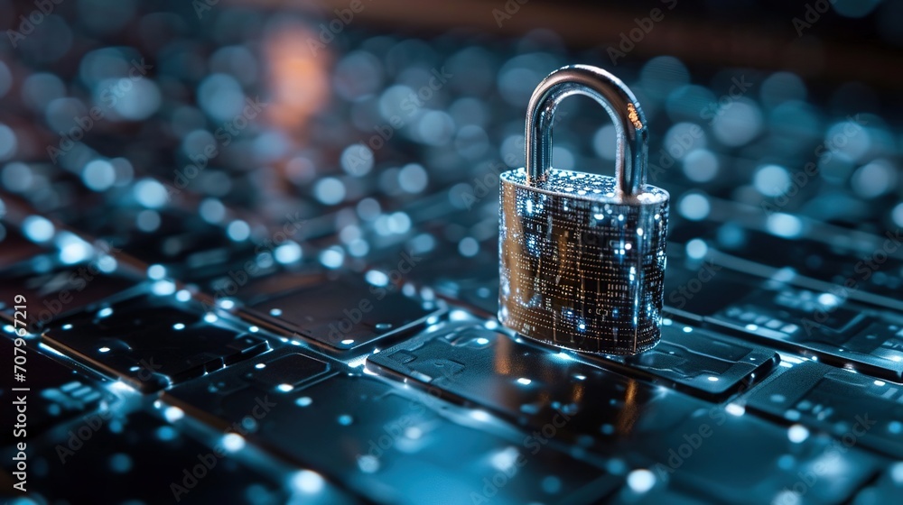 Digital lock in front of a laptop as a cyber security and data, concept ...