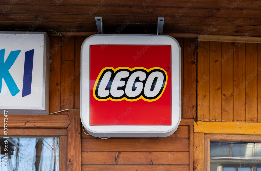 Lego store logo, construction toy production company sign. Famous ...