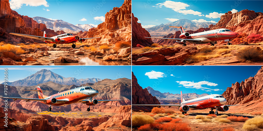 An airplane is depicted flying through various scenes surrounded by a ...