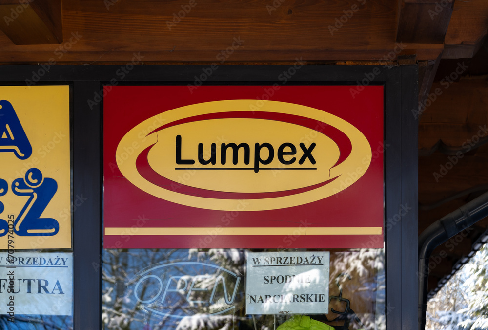 Lumpex shop logo sign. Polish cheap clothing store, signboard with ...
