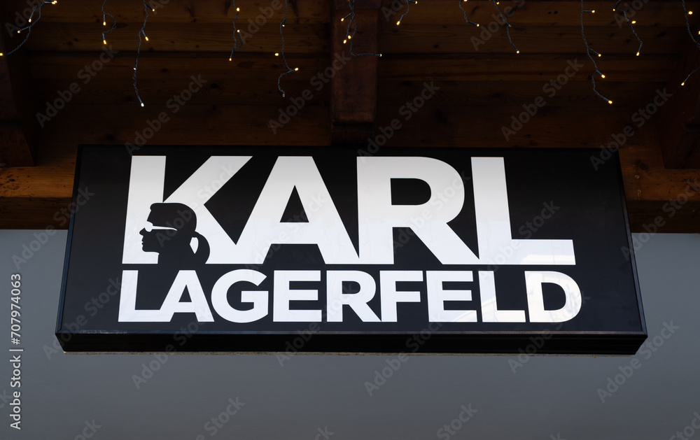 Karl Lagerfeld logo sign outside the clothing store. German fashion ...