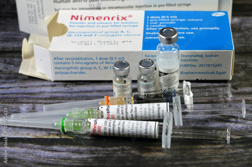 Cairo, Egypt, January 11 2024: anti-D (Rh) immunoglobulin Rhophylac, Nimenrix vaccine, Purified ...