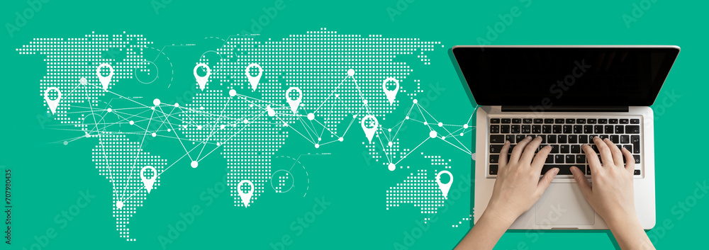 Laptop and global world map banner background. Computer network and ...