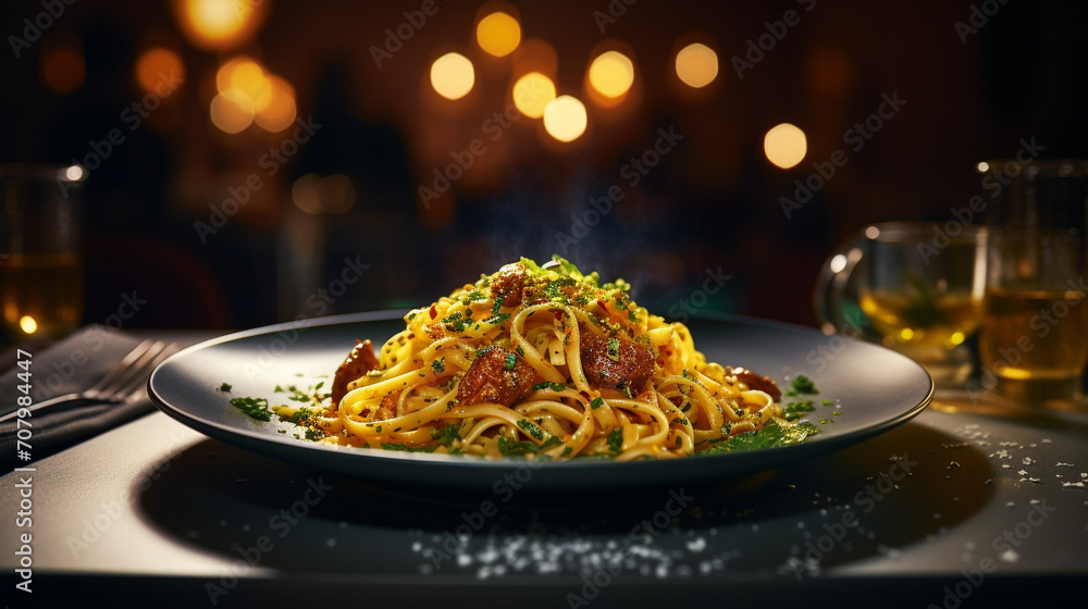 Product photograph of spaghetti on a table in a nigth bar. Dramatic ...