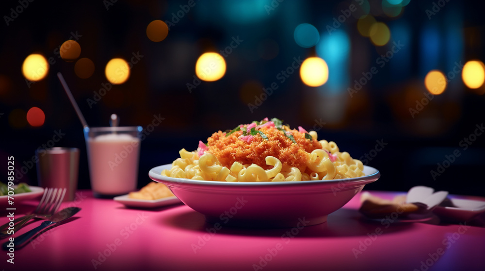 Product photograph of Macaroni and cheese plate on a table in a nigth bar. Dramatic light. Pink ...