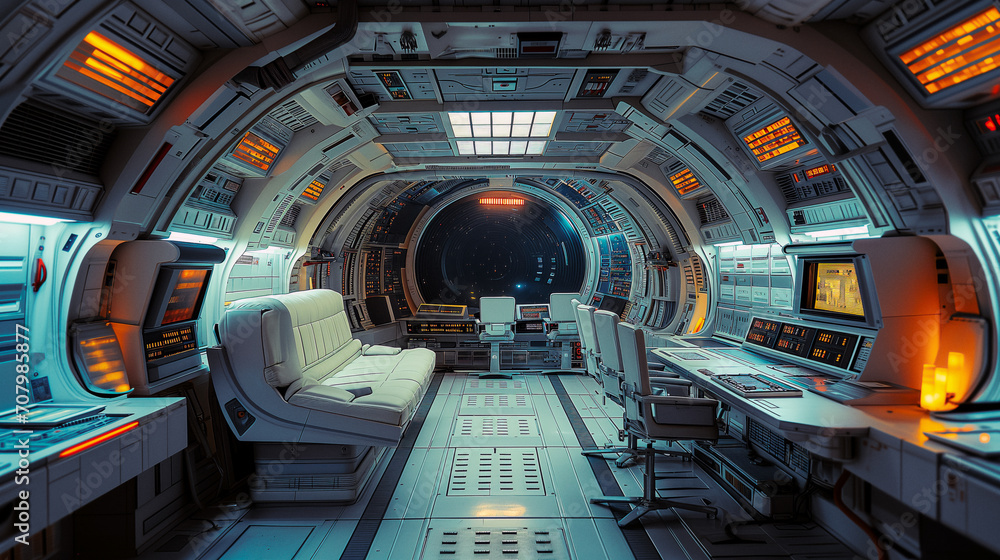 retro futuristic film set interior of space station command center ...