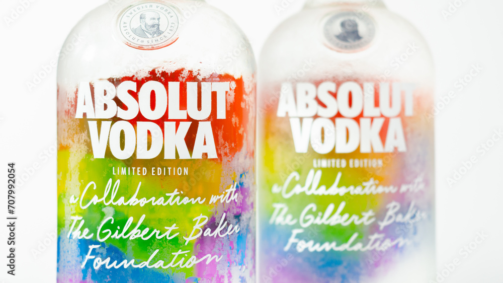 LONDON, UNITED KINGDOM - AUGUST 20, 2021 Bottle of Absolut vodka blue ...