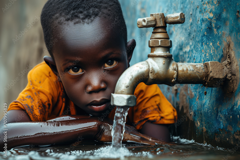 Poverty and water scarcity. 10-year-old black boy watching a faucet in ...