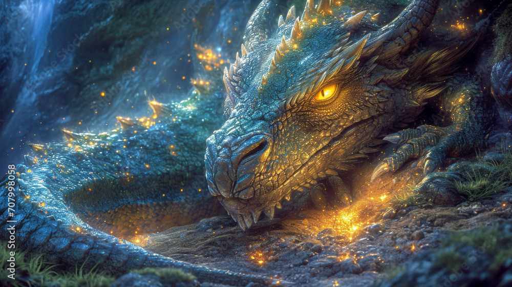 A mystical portrayal of a benevolent guardian dragon, curled ...