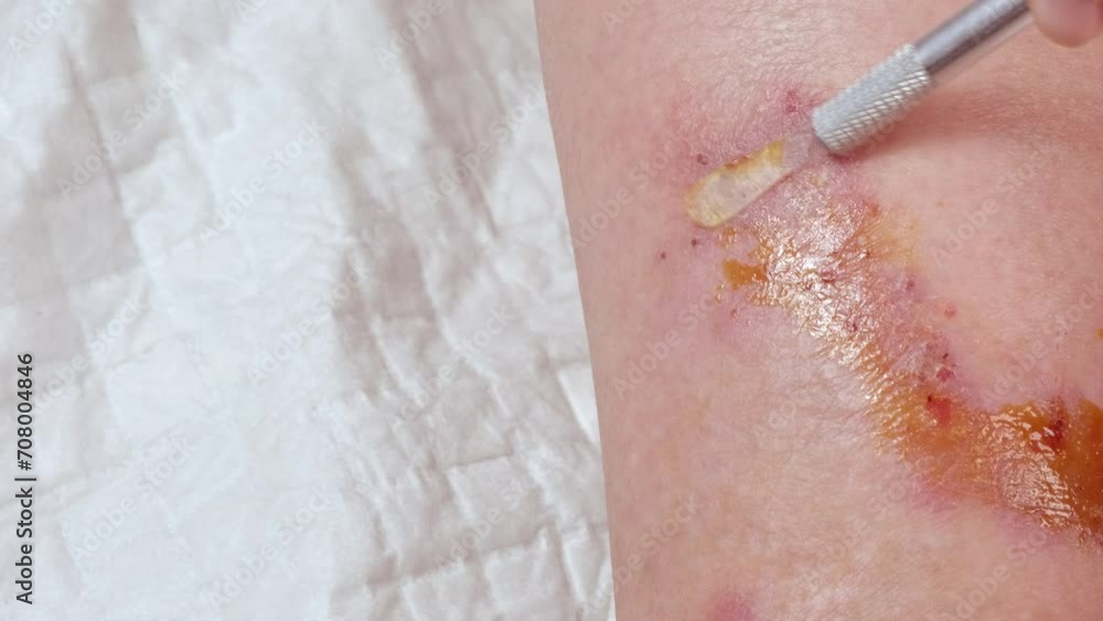 doctor, nurse heals wound on female leg with medicine, medical concept ...