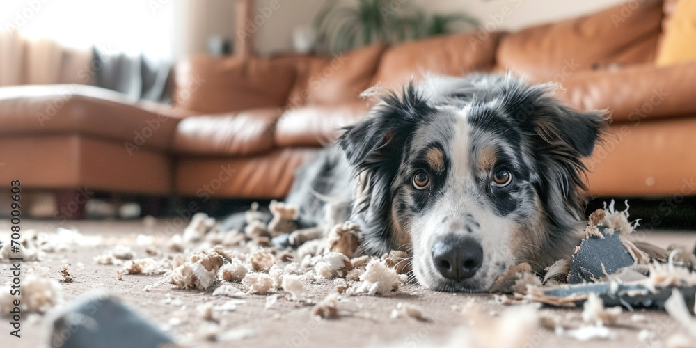 Dog behavior training concept. Naughty dog looking into camera ...